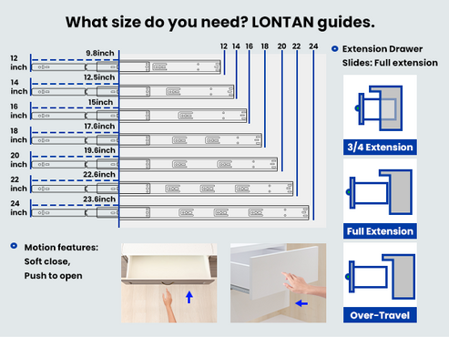 LONTAN Soft Close Drawer Slides 12/14/16/18/20/22/24 Inch Cabinet Draw