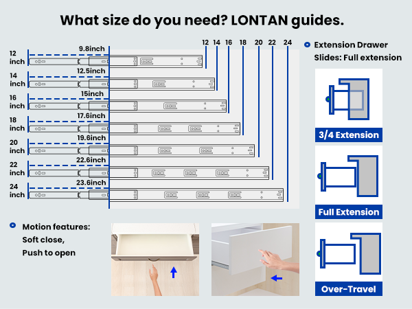 LONTAN Soft Close Drawer Slides 12/14/16/18/20/22/24 Inch Cabinet Draw